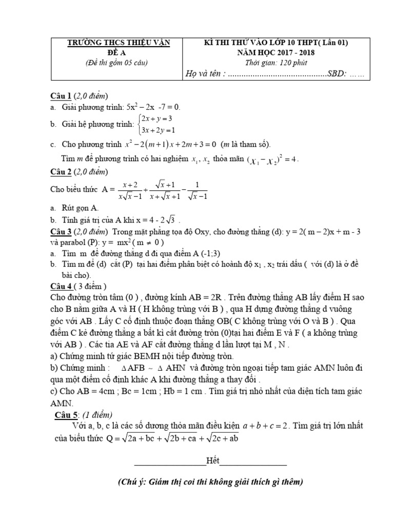 De Thi Thu Tuyen Sinh Lop 10 THPT Nam Hoc 2017 2018 Mon Toan Truong Thcs Thieu Van Thanh Hoa Lan ...