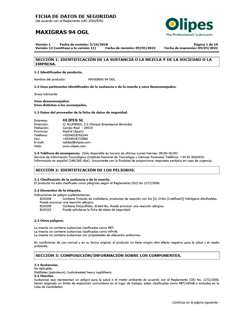 FDS Maxigras 94 Ogl Es | PDF | Química