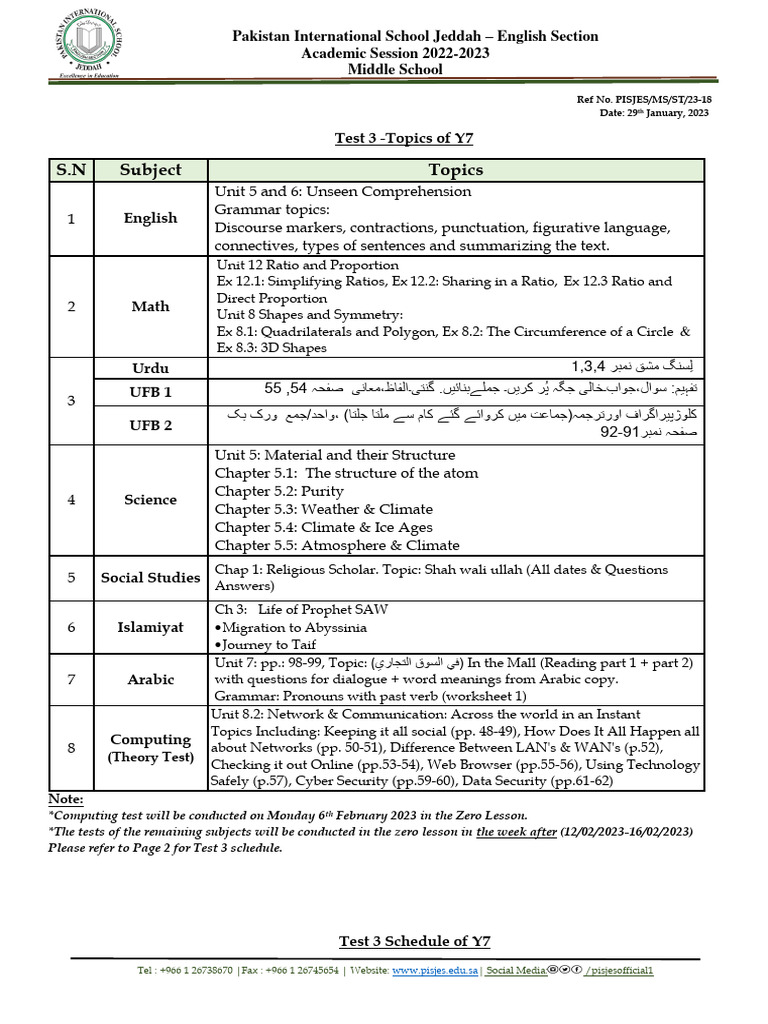Test 3 - Topics & Schedule - Y7 | PDF | Computing