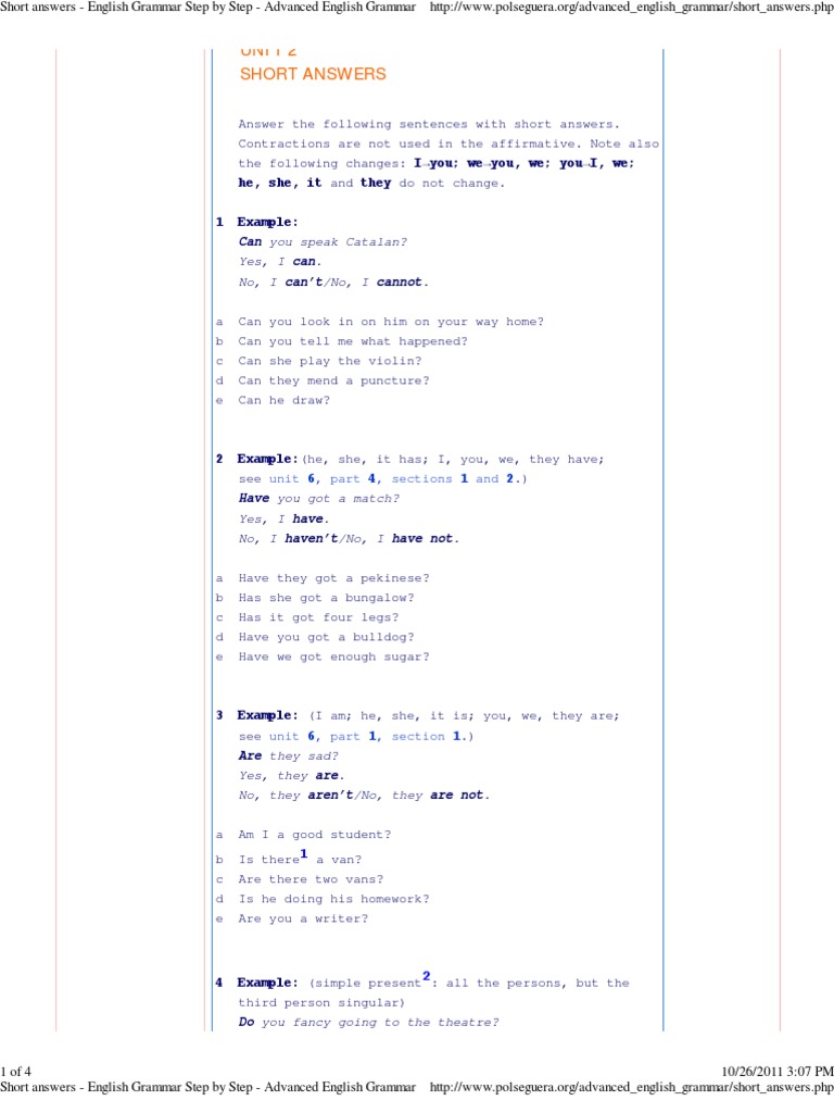 Short Answers - English Grammar Step by Step - Advanced English Grammar ...