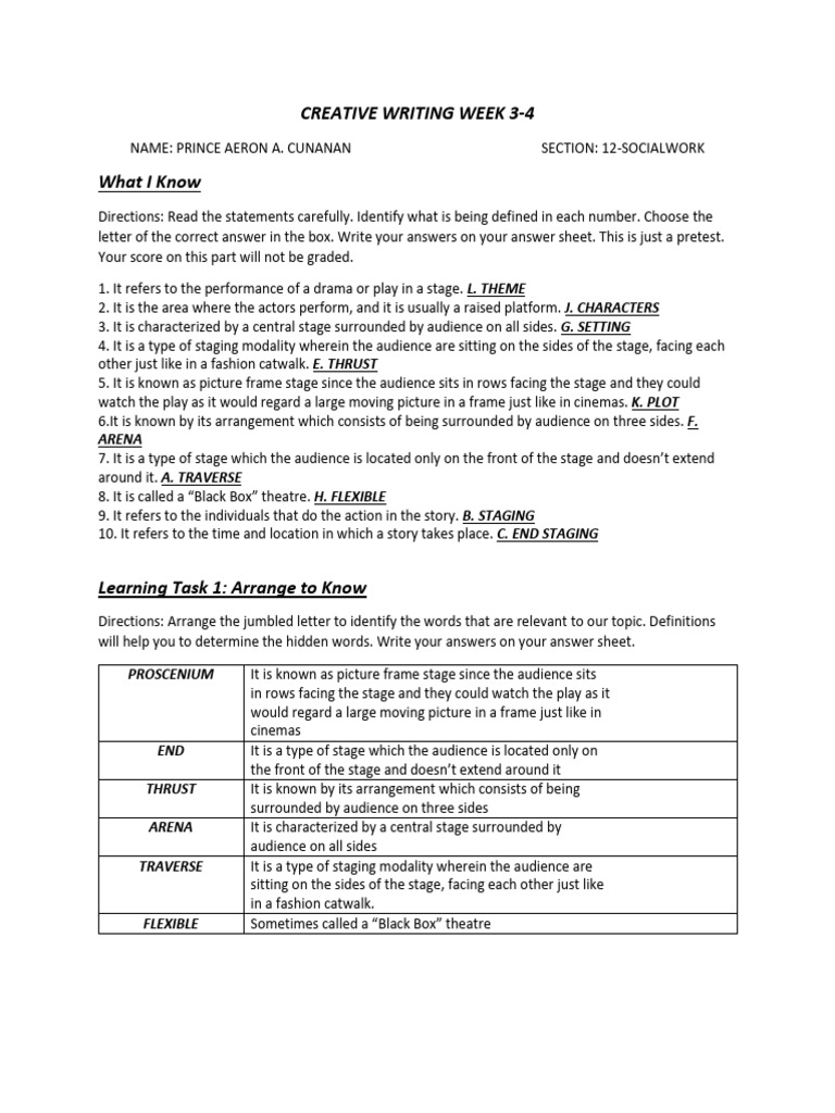 Creative Writing Week 3-4 | PDF | Language Arts & Discipline | Art