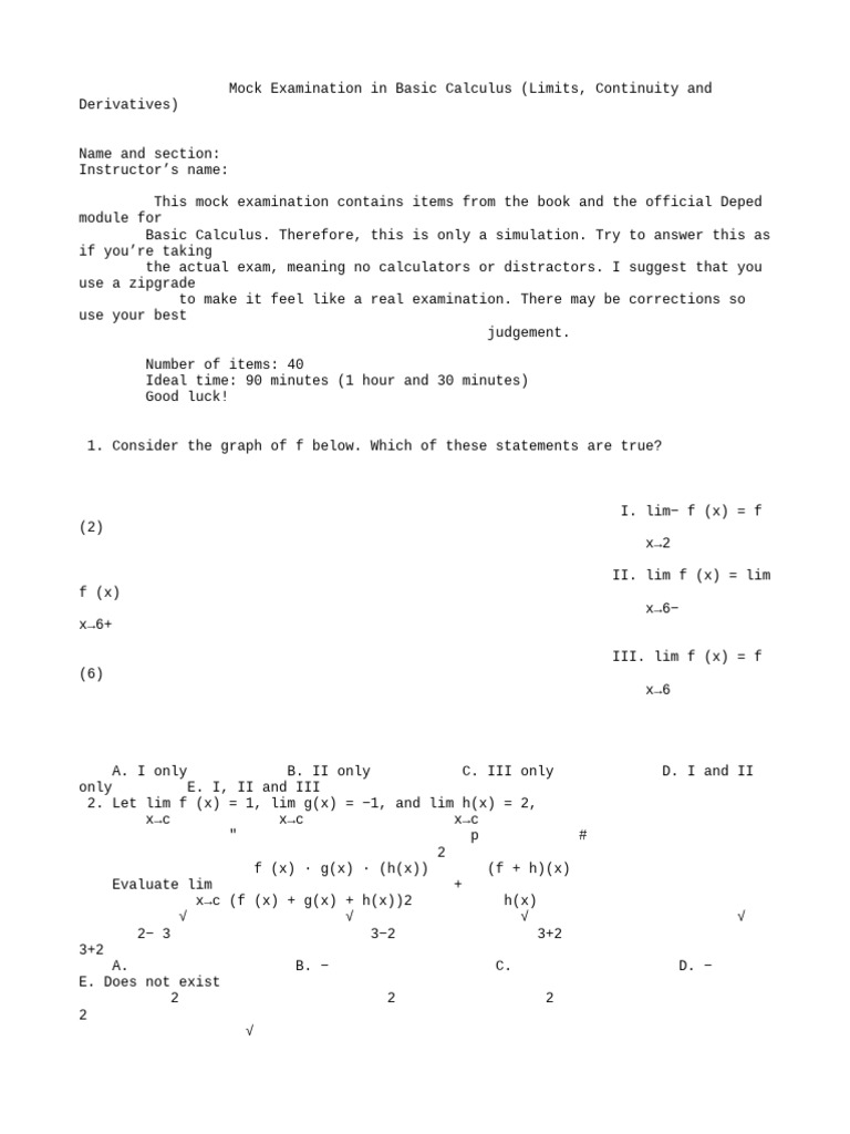 446753474 Prelims 3rd Qtr Basic Calculus Examination | PDF | Mathematics | Mathematical Analysis