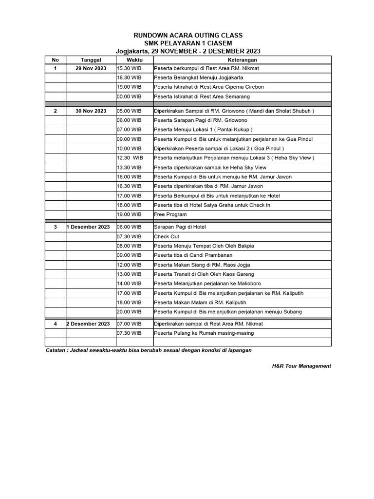Rundown Acara Outing Class SMK Pelayaran | PDF