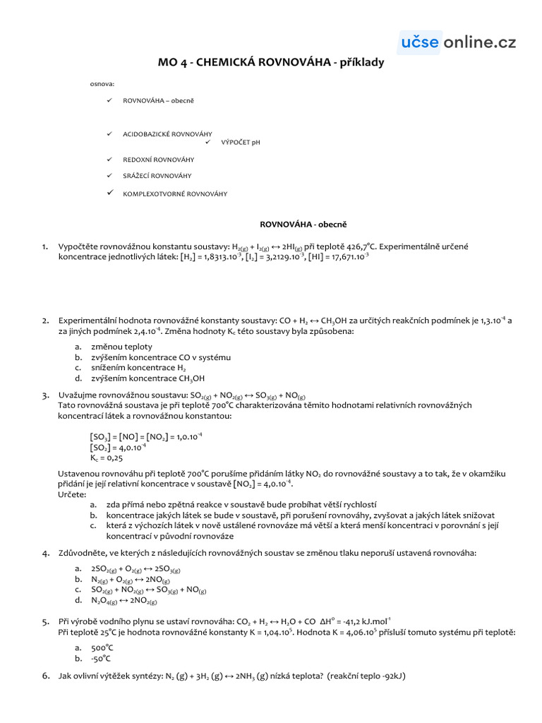 MO 4 Chemická Rovnováha Příklady Student | PDF