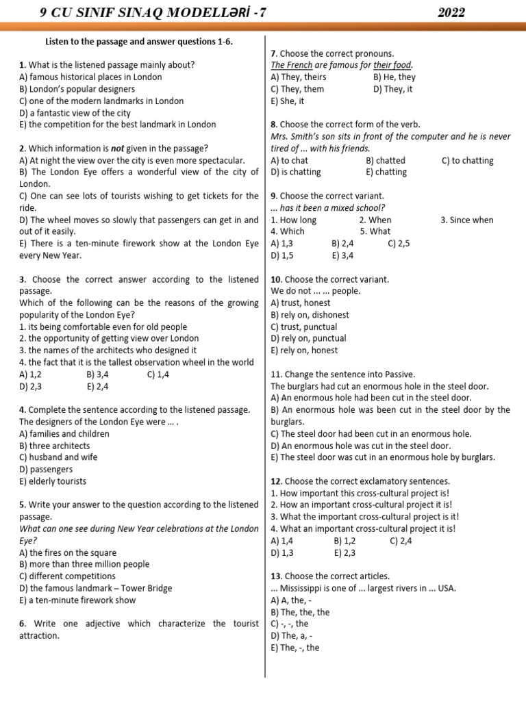 9 CU SINIF SINAQ MODELLERI 7 | PDF | Syntax | Linguistic Morphology