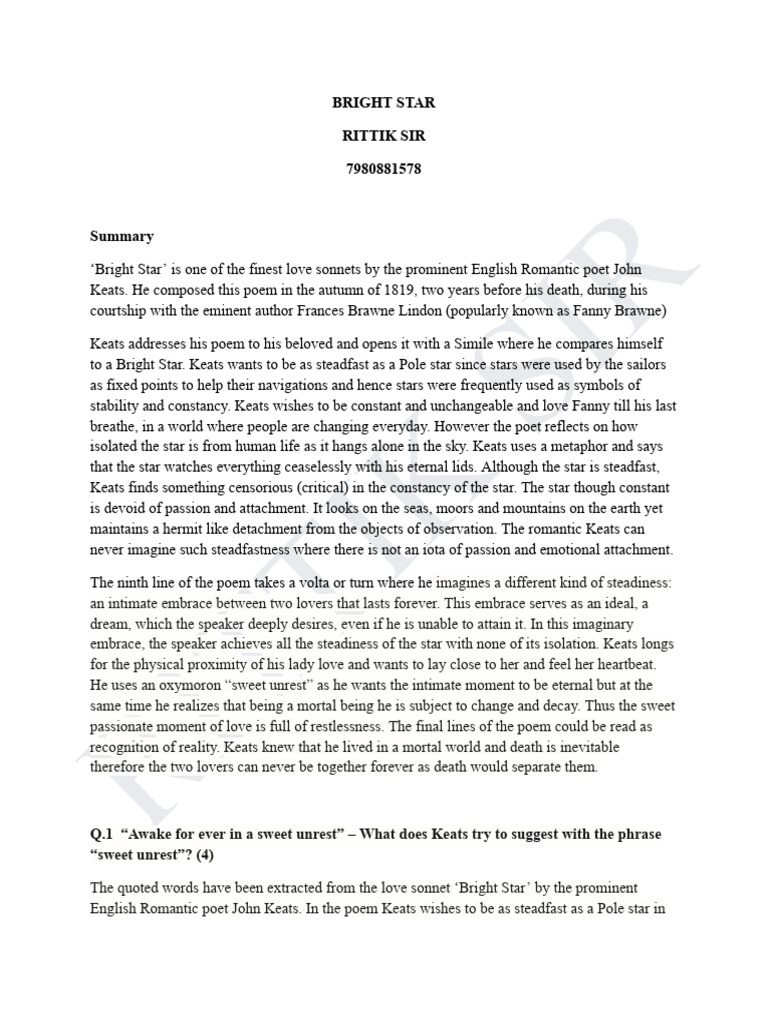 Bright Star | PDF | John Keats