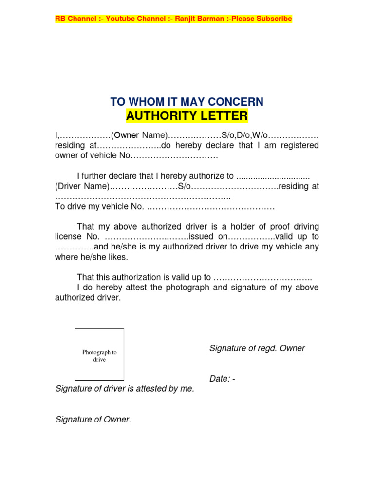 Authority Letter For Driver | PDF | Business | Law