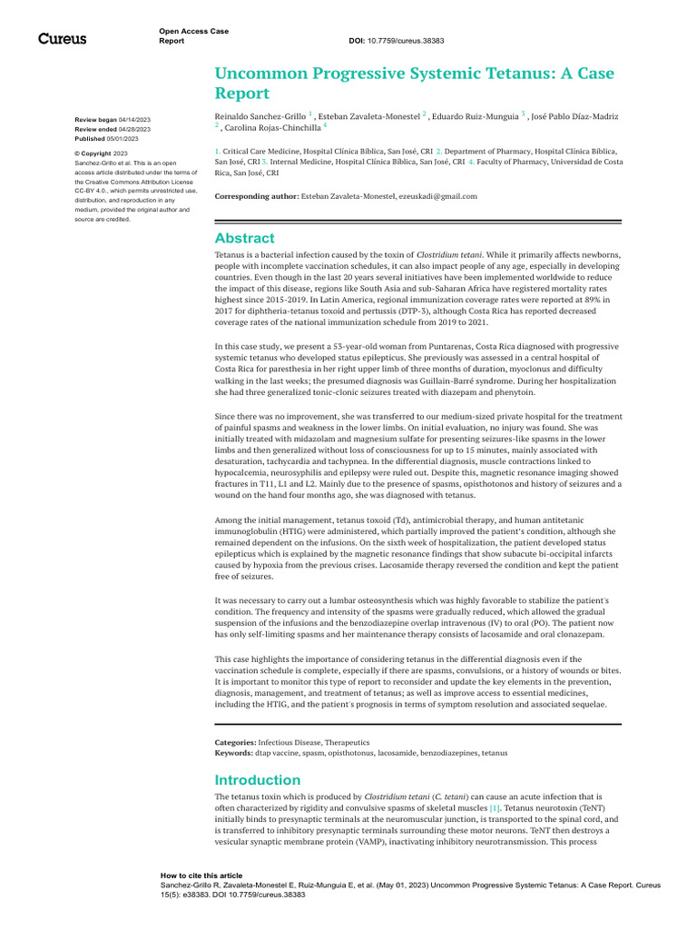 Uncommon Progressive Systemic Tetanus A Case | PDF | Vaccines | Medical Specialties