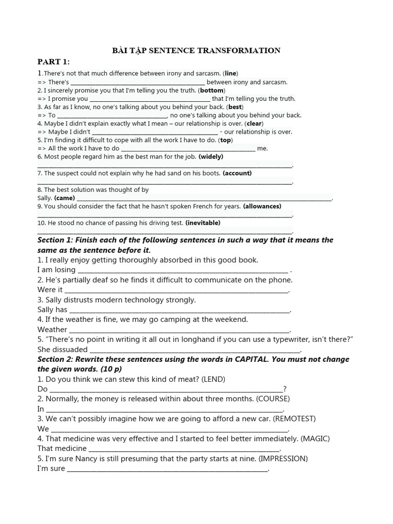 BÀI TẬP SENTENCE TRANSFORMATION | PDF