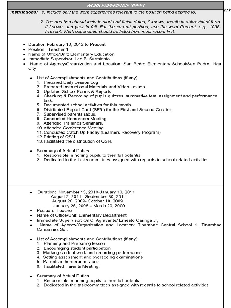 CS Form No 212 Work Experience Sheet | PDF | Learning | Behavior ...
