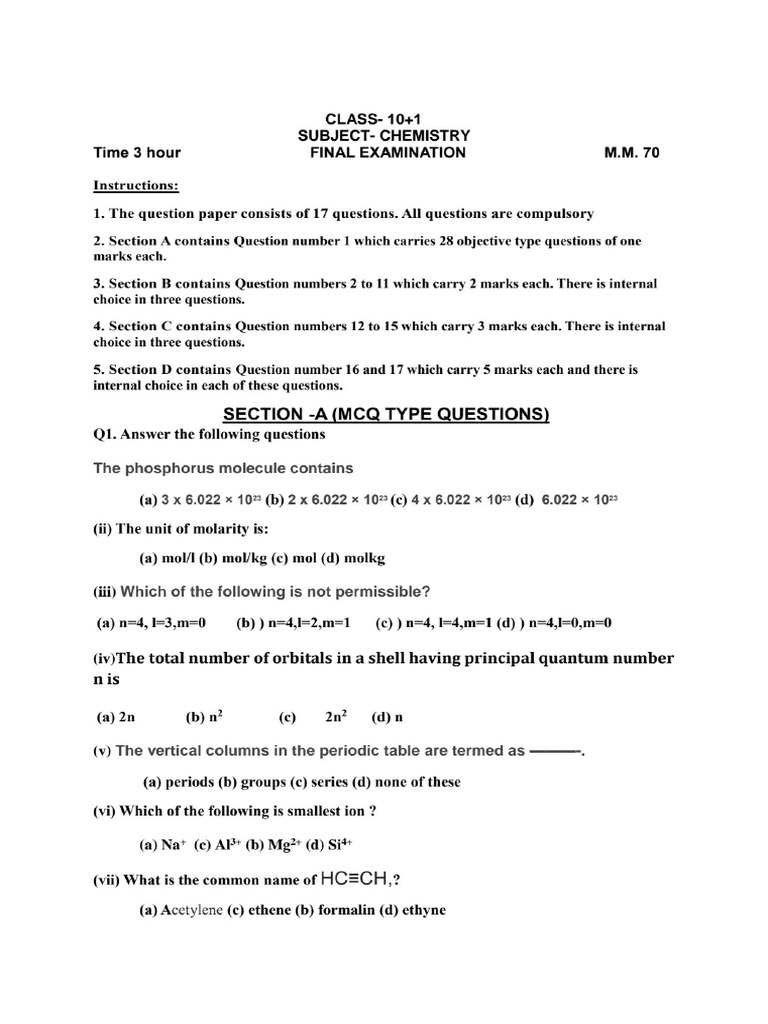 11th Chemistry Final Paper 2024 | PDF