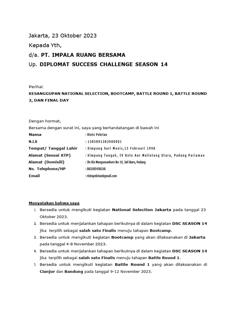 Surat Kesanggupan Finalis DSC Season 14 Rinto Pebrian - Sayur Keren PT Sinar Gallus Indonesia ...