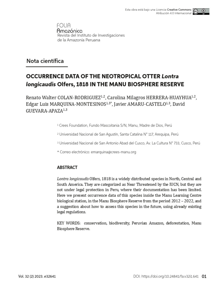 OCCURRENCE DATA OF THE NEOTROPICAL OTTER Lontra longicaudis Olfers, 1818 IN THE MANU BIOSPHERE ...