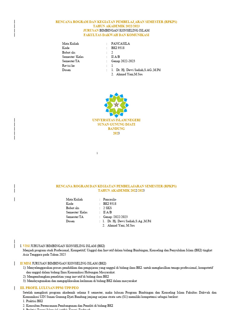 RPKPS PANCASILA - BKI II A-B DR - Hj.Dewi Sadiah, S.Ag.,M.Pd | PDF | Karier & Perkembangan