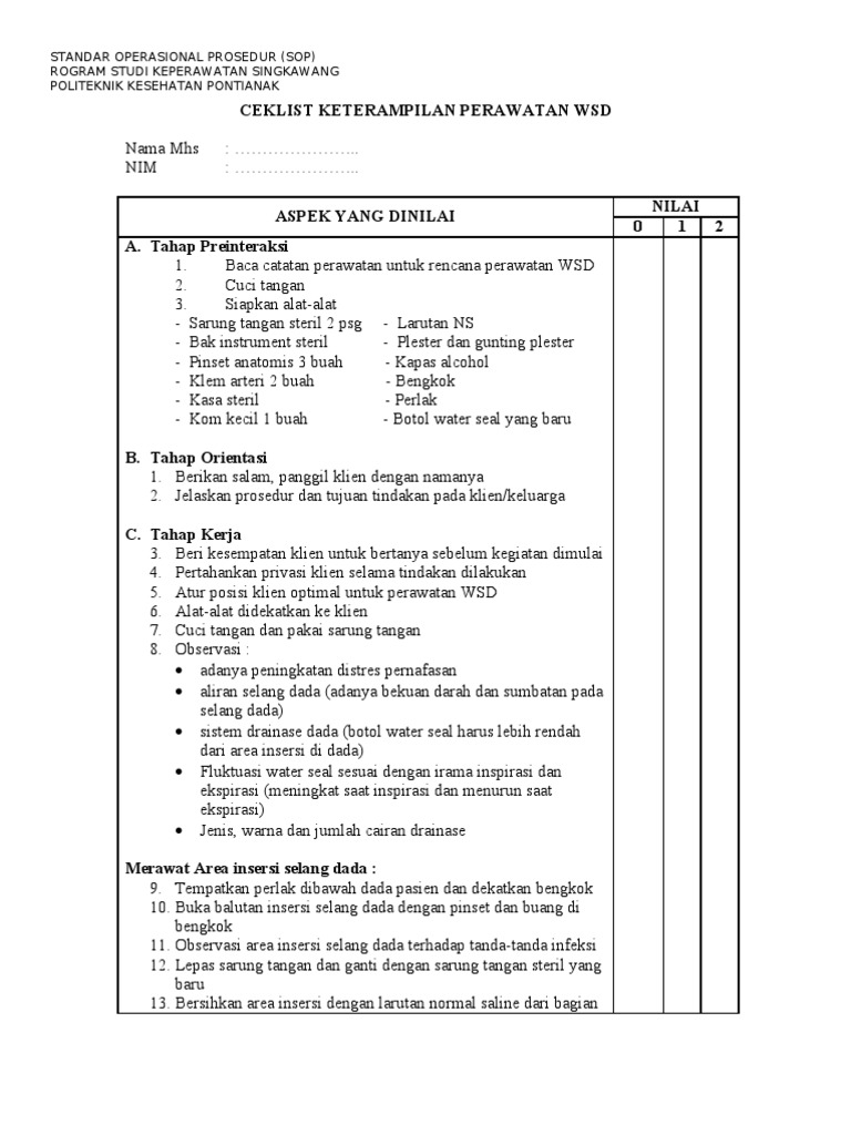 SOP Kep Perawatan WSD | PDF