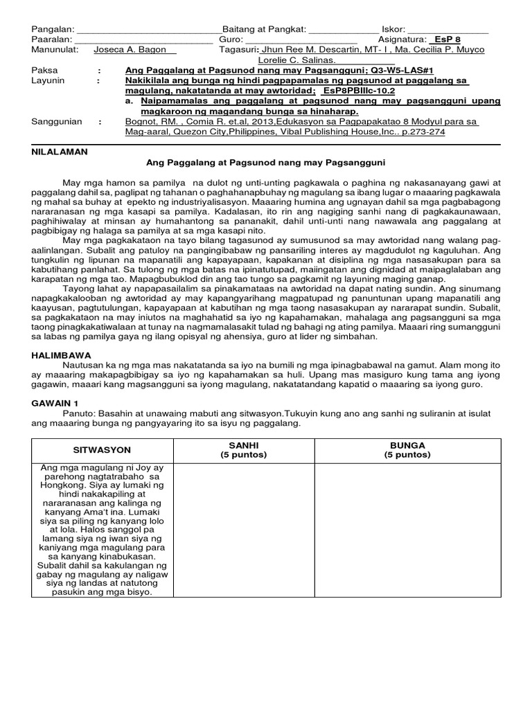 EsP8 QUARTER 3 WEEK 5 LAS 1 | PDF