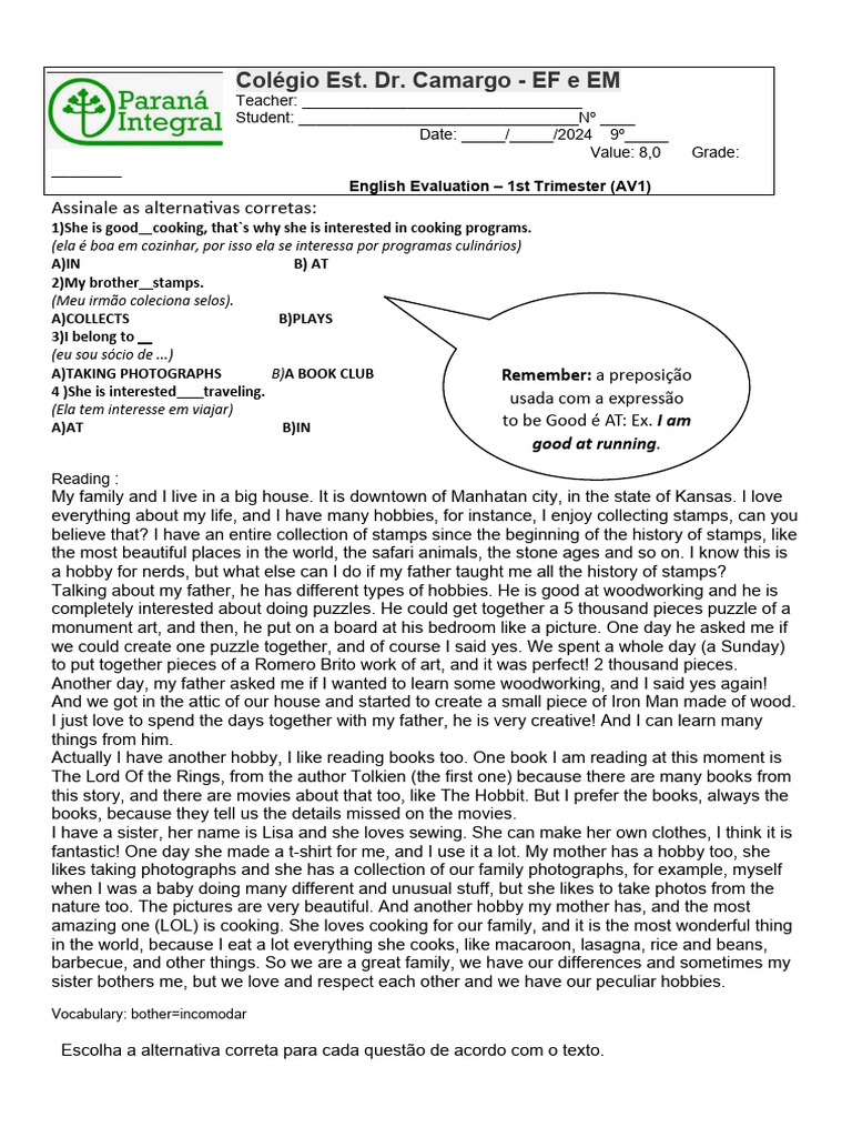 Ava1 - Rec 1 - 1º Trim - 9 Ano 2024 | PDF