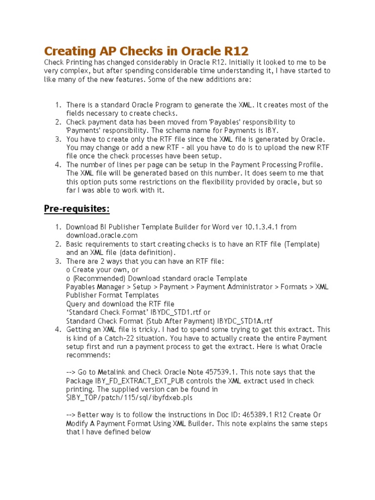 Creating AP Checks in Oracle R12 | PDF | File Format | Xml
