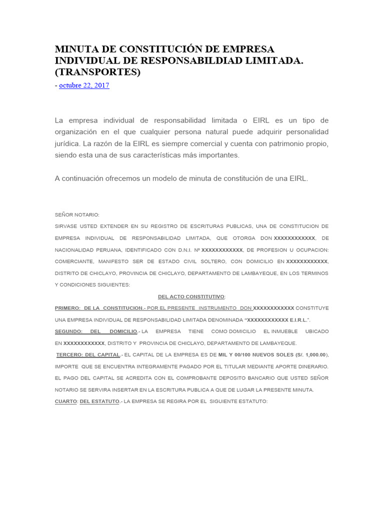 MINUTA DE CONSTITUCIÓN DE EMPRESA INDIVIDUAL DE RESPONSABILDIAD LIMITADA | PDF | Bancos ...