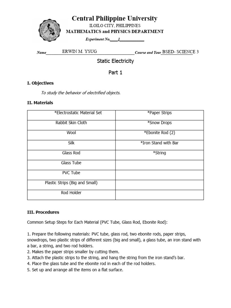 Experiment 1 - Static Electricity | Download Free PDF | Electric Charge | Electron