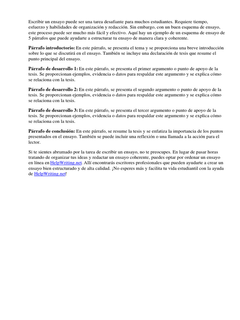 Ejemplo de Un Esquema de Ensayo de 5 Párrafos | PDF | Scribd Ejemplo de Un Esquema de Ensayo de 5 Párrafos | PDF | Scribd