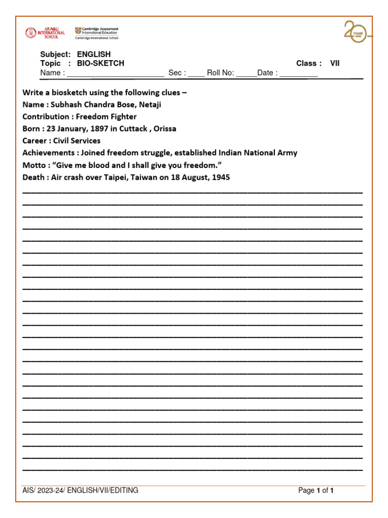 Bio-Sketch Template for Class 7 | PDF | British India | Indian ...