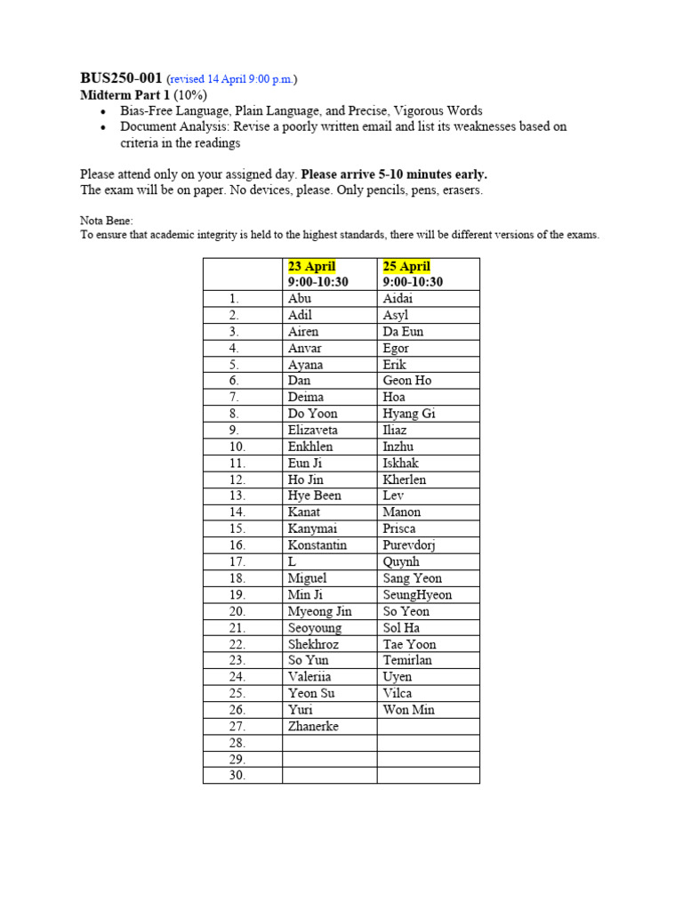 2024 Spring BUS250-001 Midterm Exam Schedule - Rev1 | PDF | Proofreading | Writing