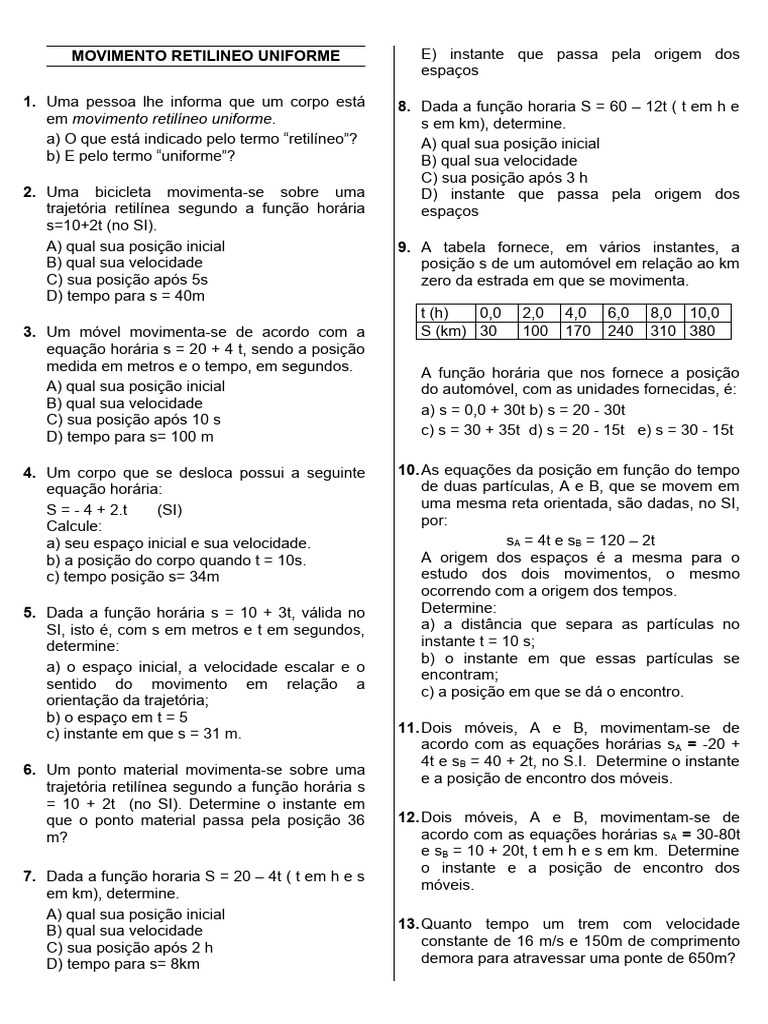 CAPITULO 02 - MRU Exercicios | PDF | Velocidade | Engenharia Mecânica