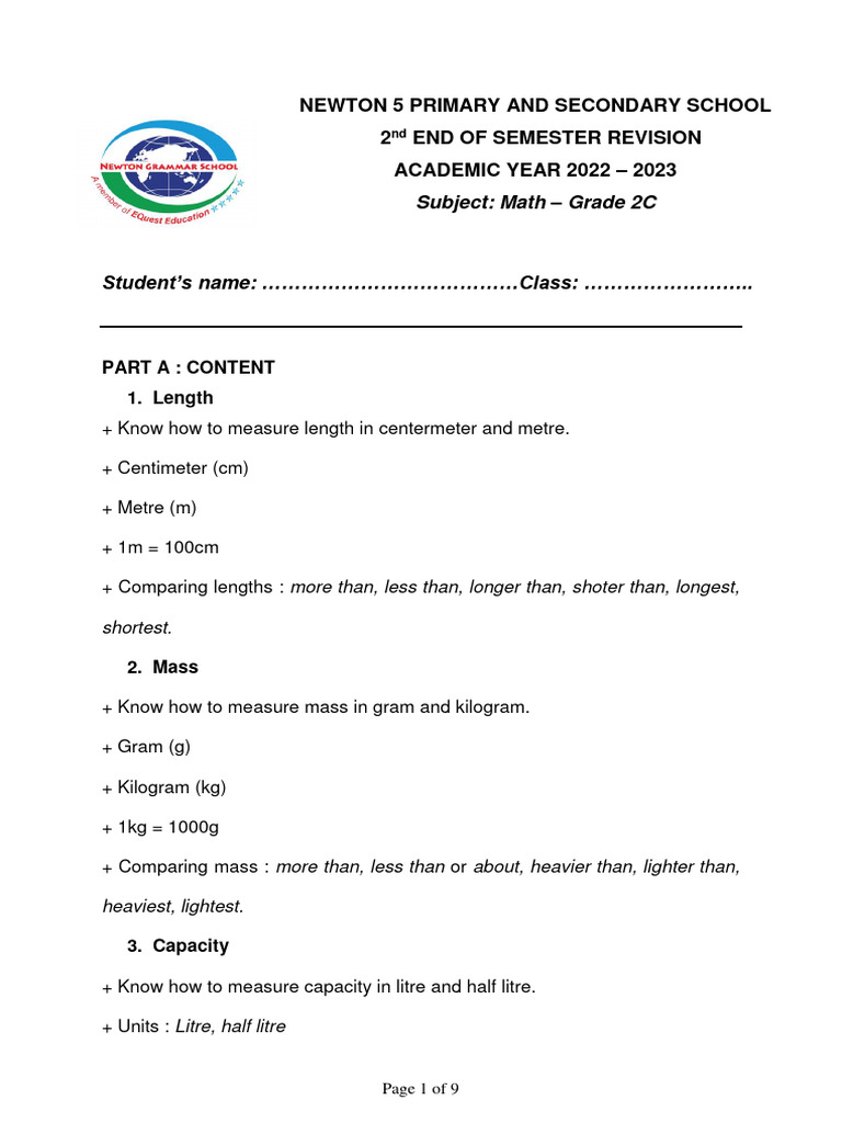 2C revision | PDF | Litre | Mass