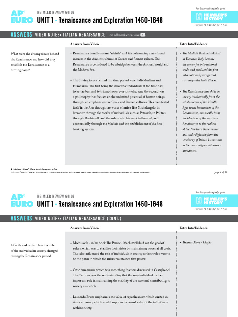 AP EURO HRG Unit 1 Noteguide Answers | PDF | Renaissance | Humanism