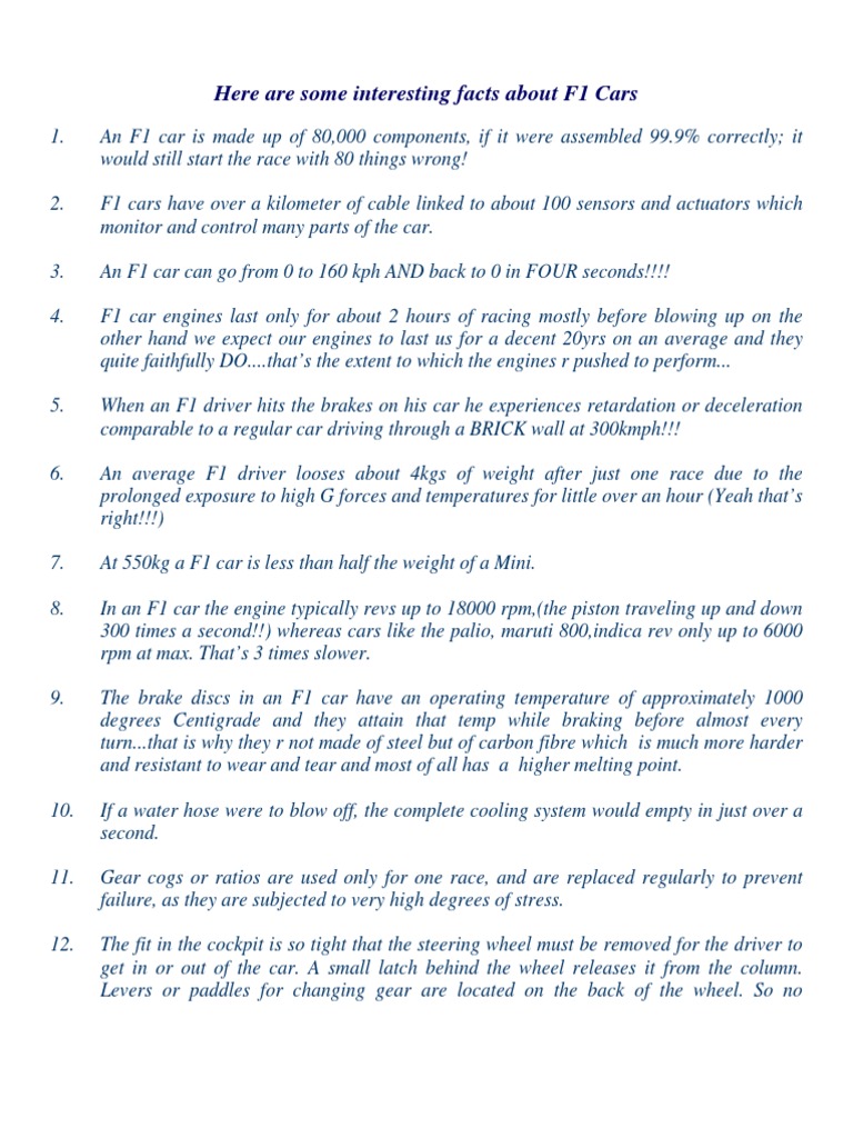 F1 Car Facts for Racing Enthusiasts | PDF