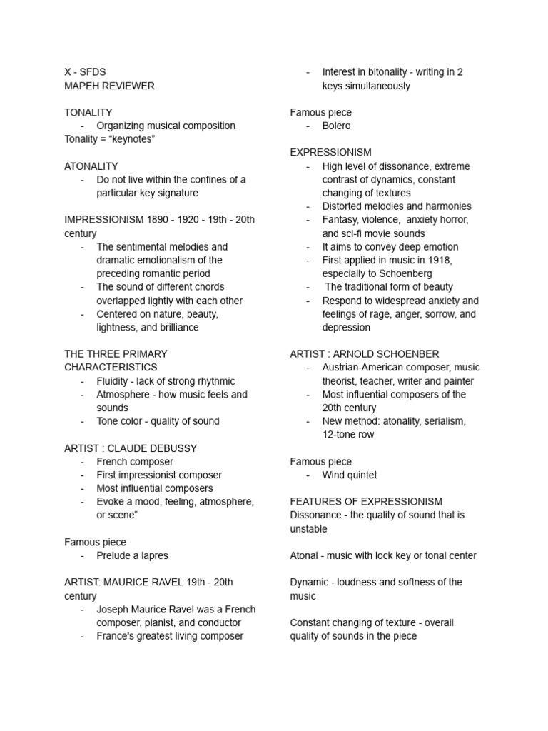 X SFDS Mapeh Reviewer | PDF | Musicology | Performing Arts