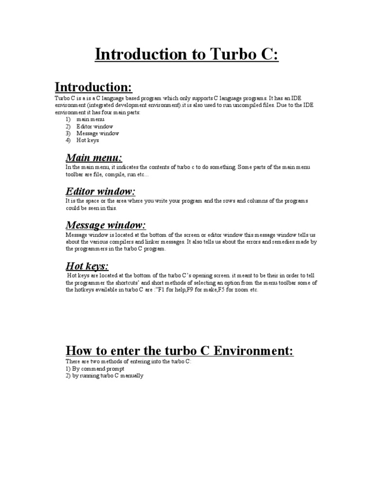 Introduction To Turbo C | PDF | Computers | Technology & Engineering