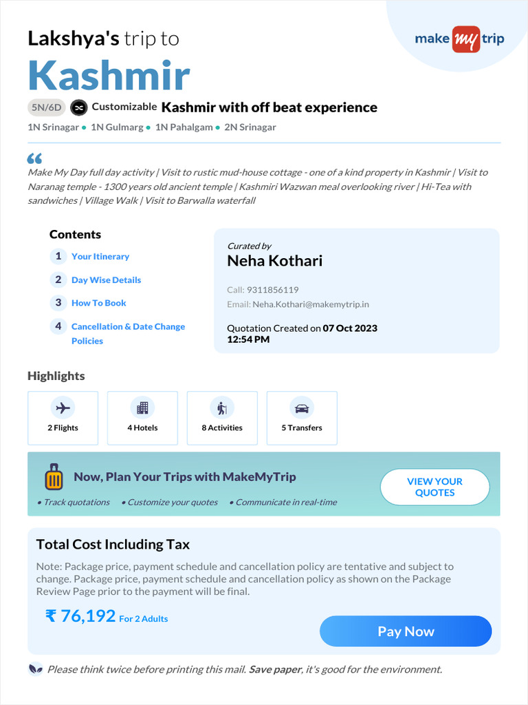 Custom Kashmir Tour: 5N/6D Itinerary | PDF | Taxes | Meal