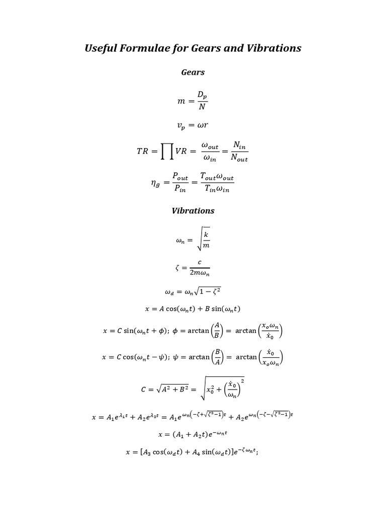 MEC2045S Gears and Vibrations Formula Sheet | PDF