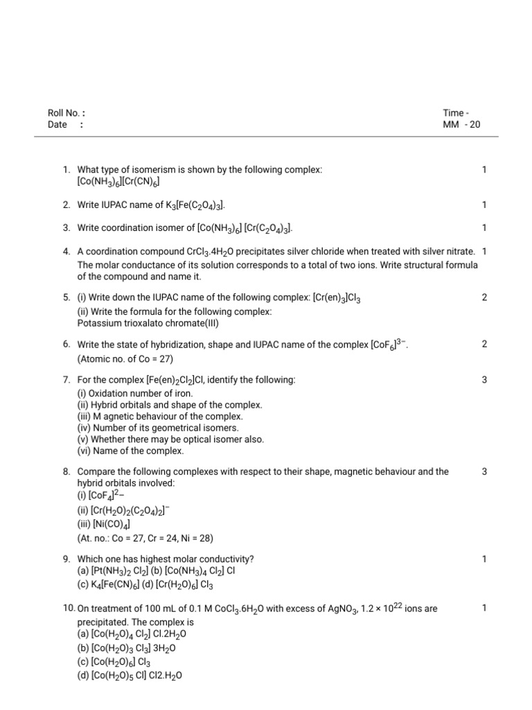 Question Paper Coordination Compounds | Download Free PDF | Coordination Complex | Chromium