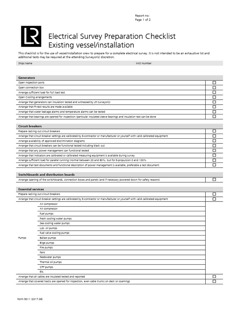 Electrical Survey Preparation Checklist | PDF | Pump | Electrical ...