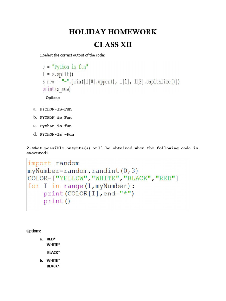 HOLIDAY HOMEWORK_COMPUTER_SCIENCE_XII | PDF HOLIDAY HOMEWORK_COMPUTER_SCIENCE_XII | PDF