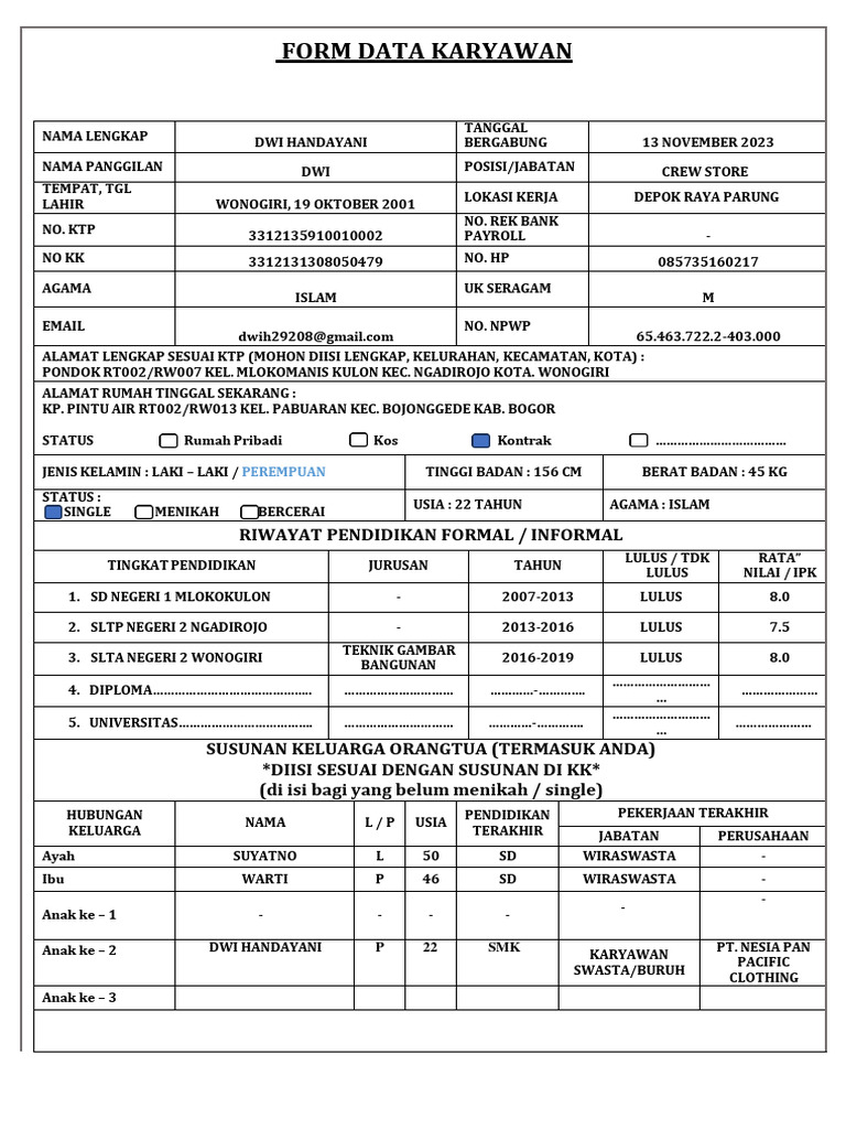 Formulir Data Karyawan Dwi Handayani | PDF