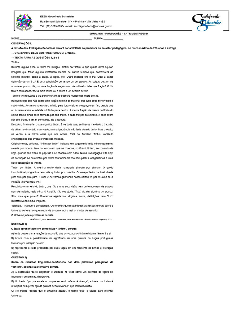 SIMULADO PORT 1o TRI 2024 - ADAPTADO | PDF | Homo | Humano