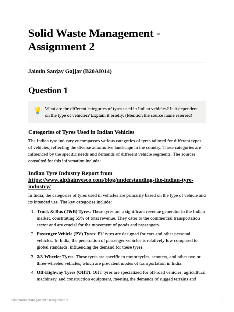 Solid Waste Management - Assignment 2 | PDF | Tire | Waste Management Solid Waste Management - Assignment 2 | PDF | Tire | Waste Management