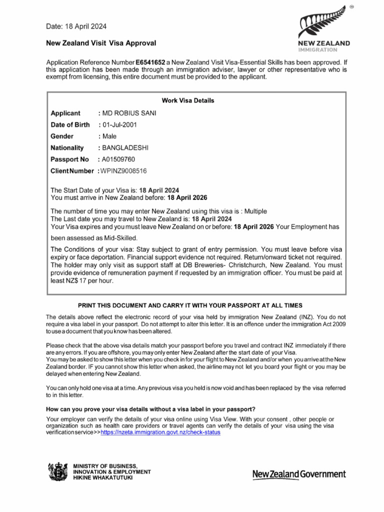New Zeland Work Visa Approval | PDF