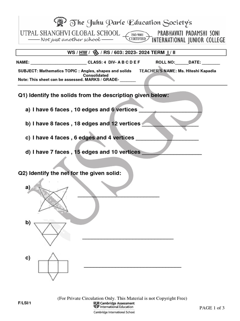 Angles Shapes and Solids Consolidated | PDF | Euclidean Geometry | Elementary Geometry