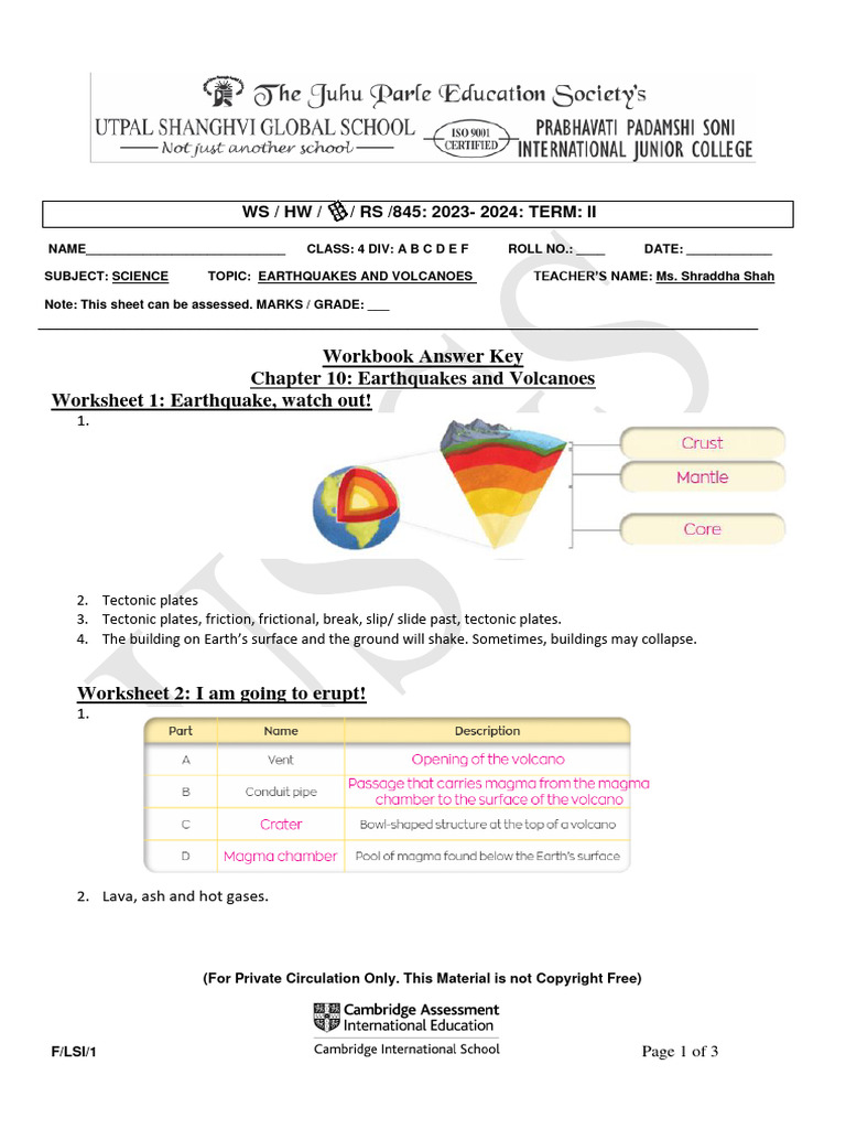 Unit 10 Earthquakes and Volcanoes Workbook Answer Key | PDF | Volcano ...