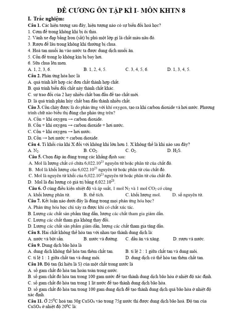 ĐỀ CƯƠNG ÔN THI CUỐI KÌ I-KHTN8 | PDF