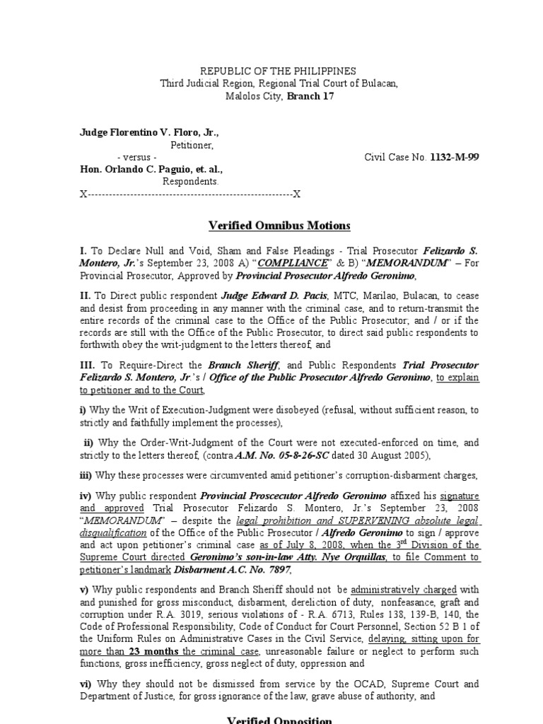 Verified Omnibus Motions | Search Warrant | Prosecutor