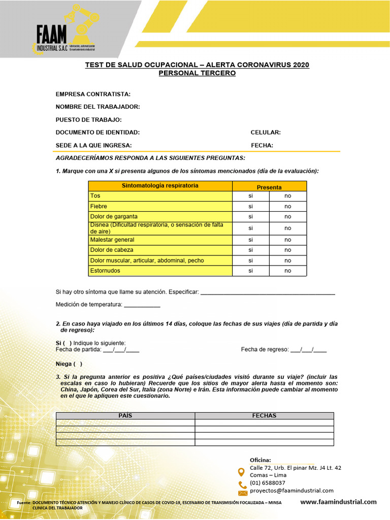 Anexo 5 Test de Salud Ocuapacional Alerta Coronavirus FAAM | PDF ...