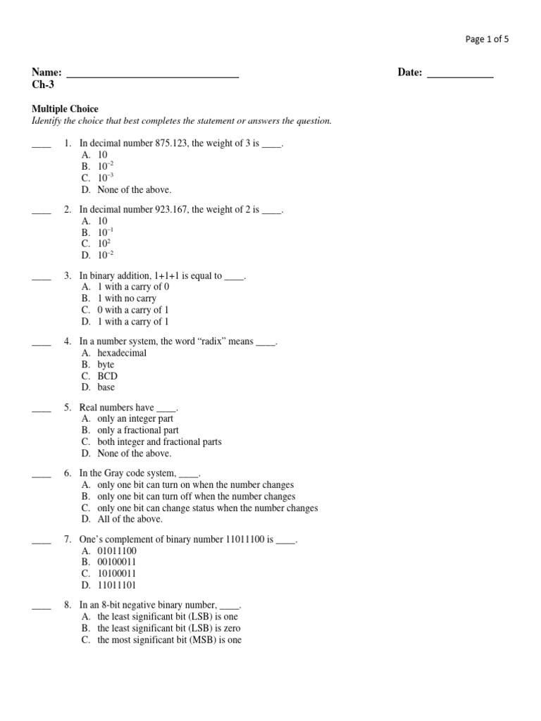Decimal and Binary Number Systems Quiz | PDF | Mathematical Notation ...
