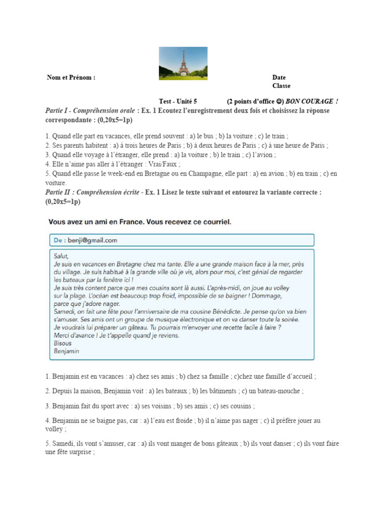 Test de français - Unité 5: Vacances | PDF | Syntaxe | Interprétation ...