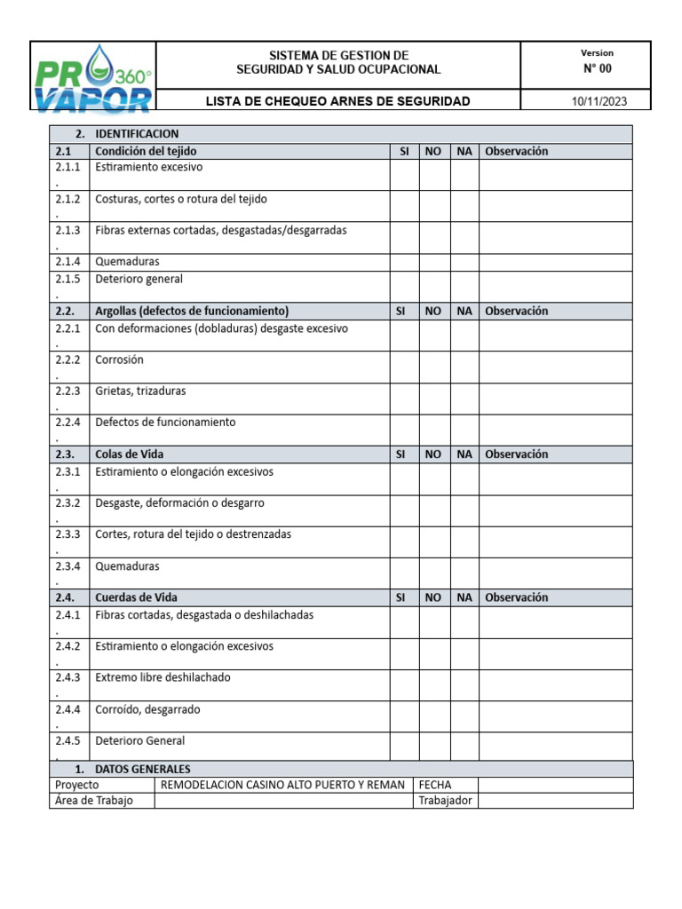 Check list - arnes de seguridad | PDF